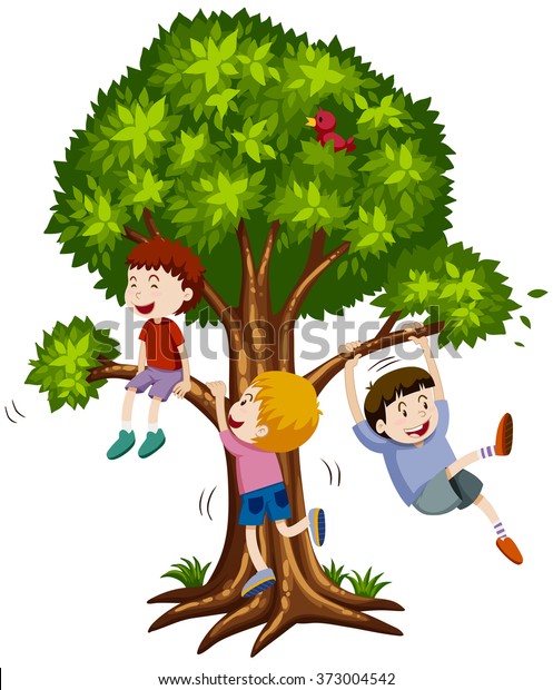 Three Boys Climbing Tree Illustration Stock Vector (Royalty Free) 373004542