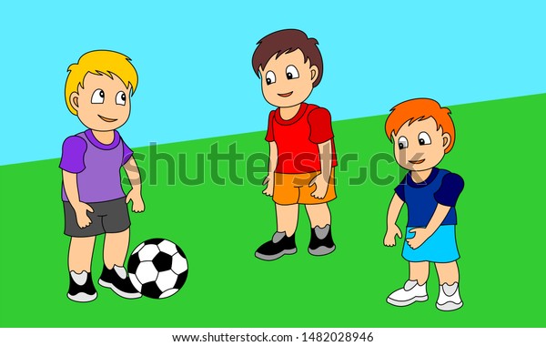 Three Boys Playing Football Vector Illustration 스톡 벡터(로열티 프리 ...