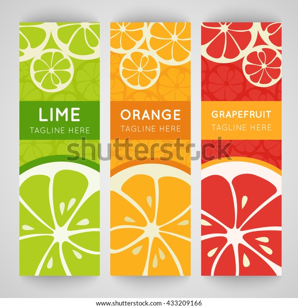 Three Bright Banner Stylized Citrus Fruit Stock Vector (Royalty Free ...