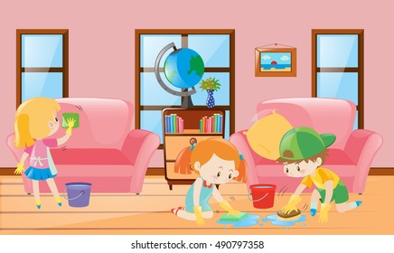 Three Children Cleaning Living Room Illustration Stock Vector (Royalty ...