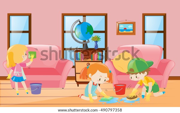 Three Children Cleaning Living Room Illustration Stock Vector (Royalty ...