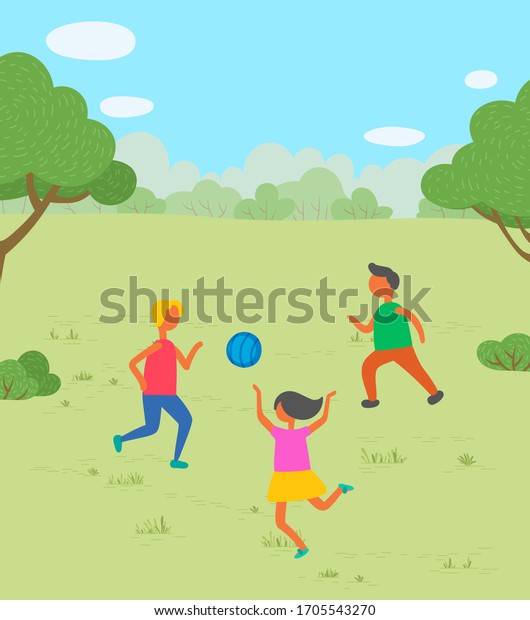 Three Children Playing Blue Ball Park Stock Vector (Royalty Free ...