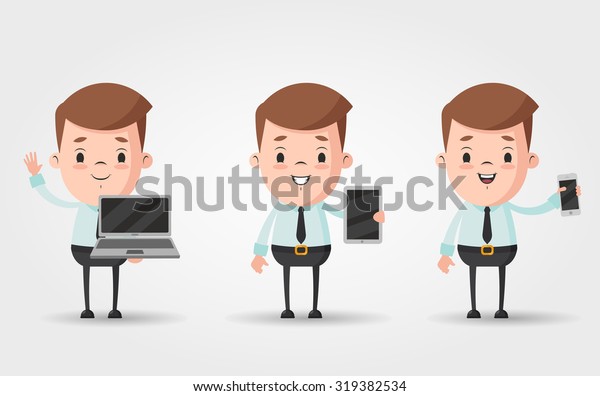 Three Cute Cartoon Consultants Different Devices Stock Vector (Royalty ...