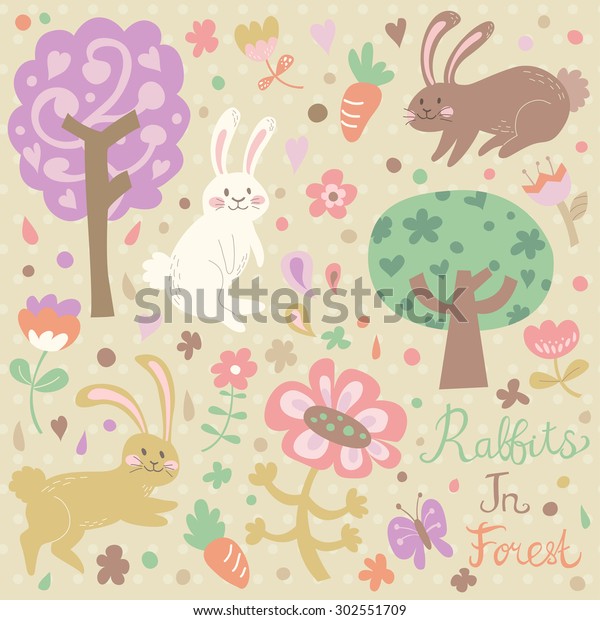 Three Cute Cartoon Rabbits Forest Trees Stock Vector (Royalty Free ...