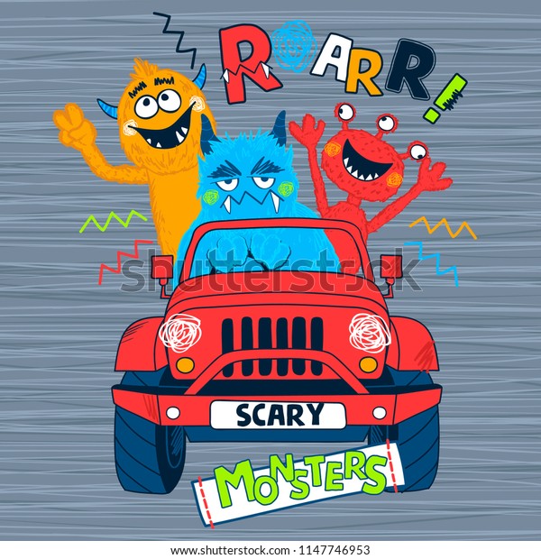 Three Cute Monsters Riding Car Vector: vector de stock (libre de ...