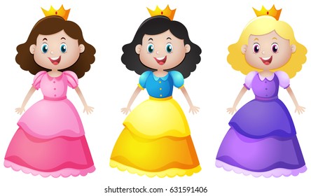 Three Cute Princesses Happy Face Illustration Stock Vector (Royalty ...