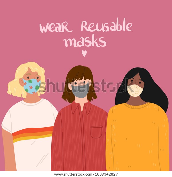 Three Different Girls Wearing Reusable Masks Stock Vector (Royalty Free ...
