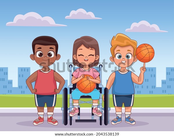 Three Disability Kids Playing Basketball Stock Vector (Royalty Free ...
