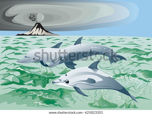 Three Dolphin Swim Near Volcano Stock Vector (Royalty Free) 625823201 ...