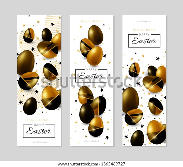 Three Easter Vertical Banners Realistic Golden Stock Vector (Royalty ...