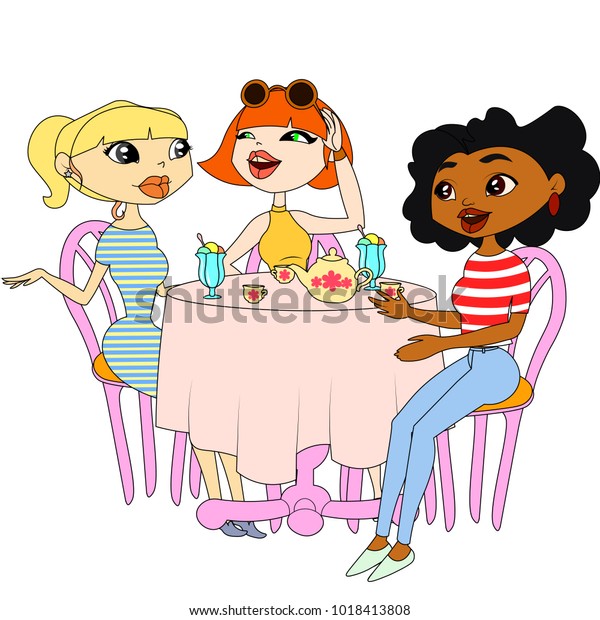 Three Girls Sitting Table Three Girls Stock Vector (Royalty Free ...