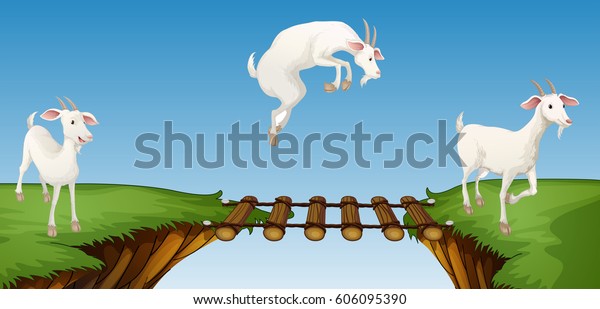 Three Goats Crossing Bridge Illustration Stock Vector (Royalty Free ...
