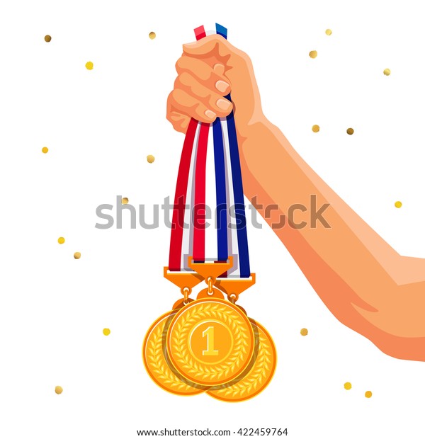 Three gold medals in his hand. Vector illustration on a white ...