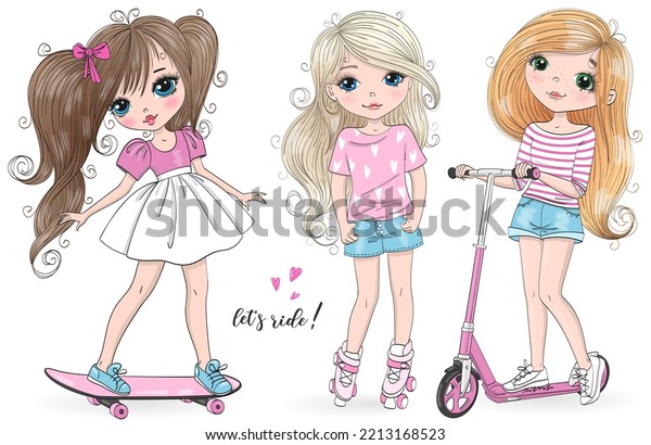Three Hand Drawn Cute Girls Pink Stock Vector (Royalty Free) 2213168523 ...