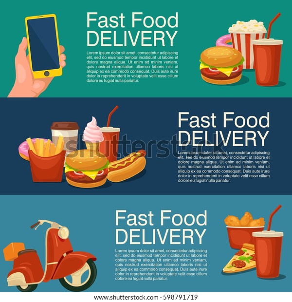Three Horizontal Banner Fast Food Delivery Stock Vector (Royalty Free ...