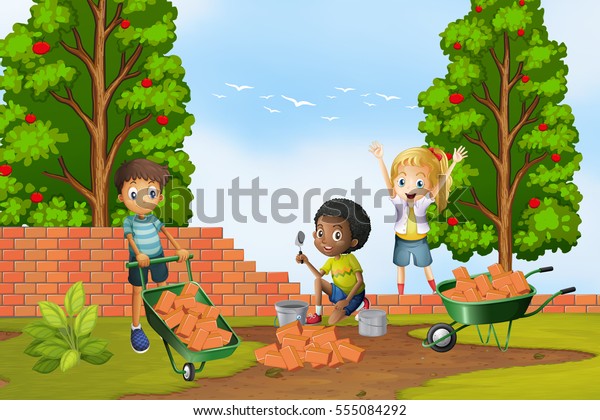 Three Kids Laying Bricks On Wall Stock Vector (Royalty Free) 555084292 ...