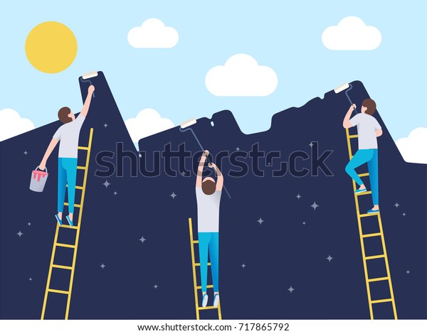 사다리를 탄 세 명의 남자가 롤 스톡 벡터(로열티 프리) 717865792 | Shutterstock