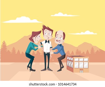 Three People Scene Background Mountains Building Stock Vector (Royalty ...