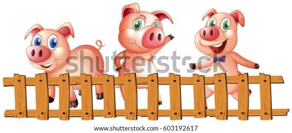Three Pigs Behind Fence Illustration Stock Vector (Royalty Free) 603192617
