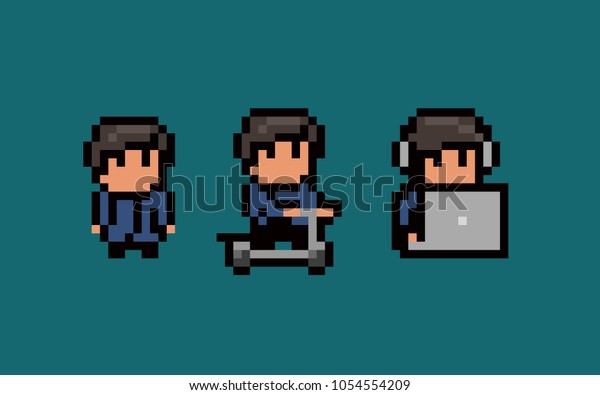 Three pixel art of nerdy hipster man guy, programming, using notebook ...
