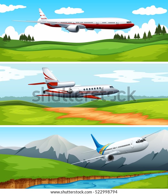 Tres escenas de un avión volando: vector de stock (libre de regalías ...