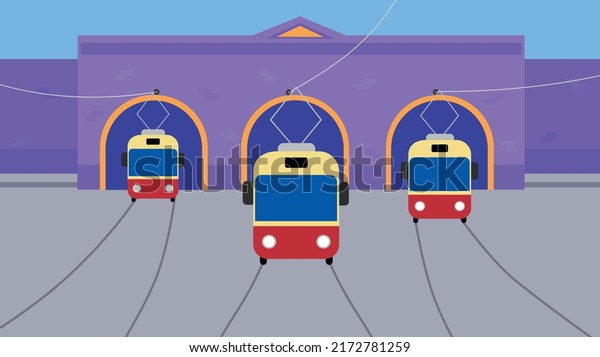 Tres tranvías en el depósito de: vector de stock (libre de regalías ...