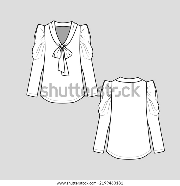 Tie Knot Neck Puff Sleeve Top Stock Vector (Royalty Free) 2199460181 ...