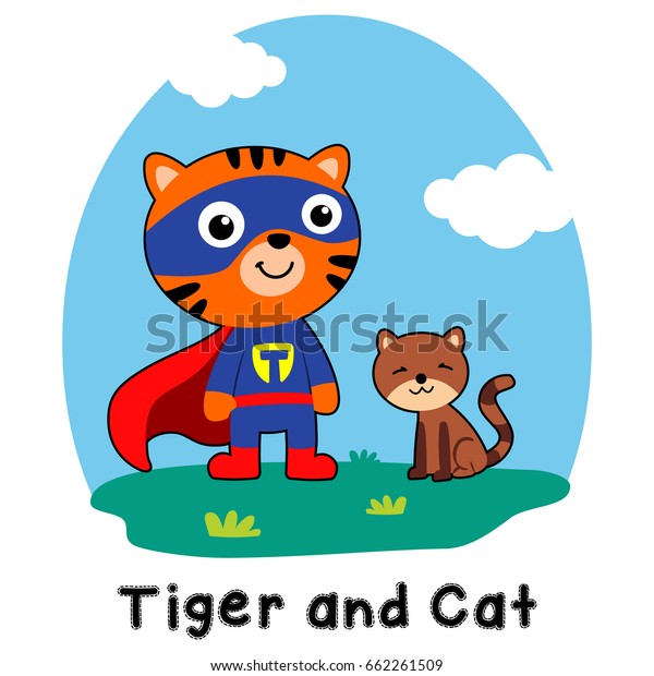 Vektor Stok Tiger Hero Cat Funny Cartoon Illustration (Tanpa Royalti ...