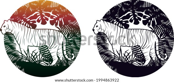 Tiger On Jungle Background Round Logo Stock Vector (Royalty Free ...