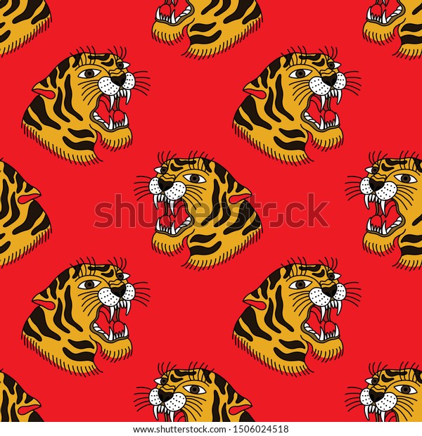 Tiger Seamless Doodle Pattern Traditional Tattoo Stock Vector (Royalty ...