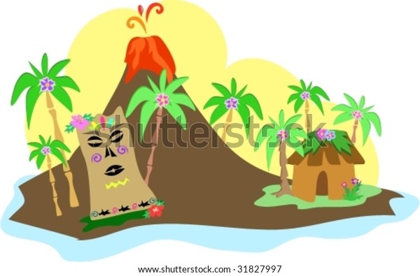 Isla Tiki con vector volcán: vector de stock (libre de regalías ...