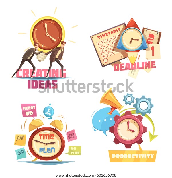 Time Management Retro Cartoon Compositions Creating Stock Vector ...
