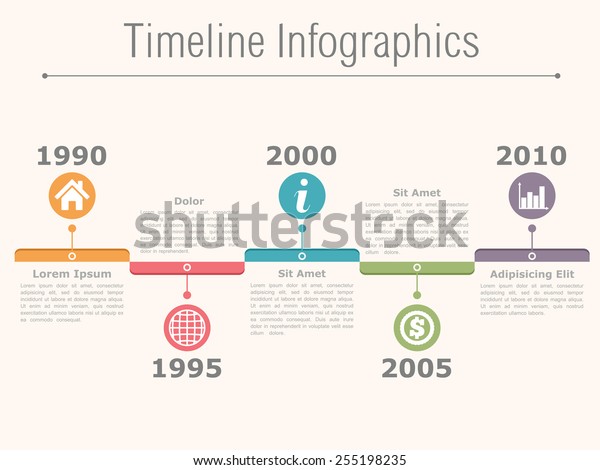 Timeline infographics design template with dates, icons and text ...