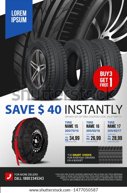 Tire vector. Vector automotive banner template. Black rubber ...