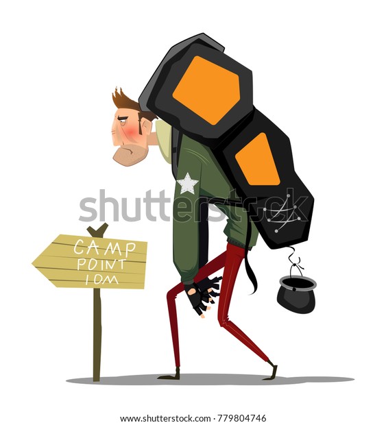 Tired Cartoon Man Backpack Going Camp Stock Vector (Royalty Free ...