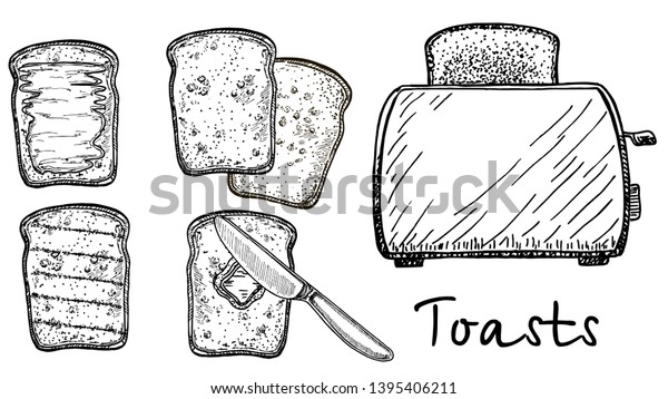 Conjunto de boceto de tostadas. Tostadora y diferentes tipos de ...
