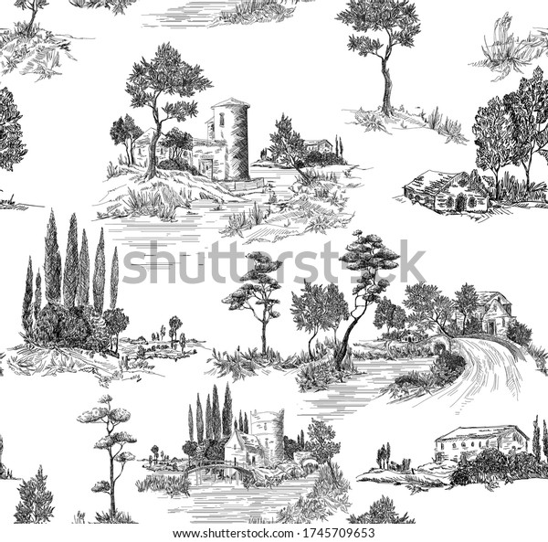 Toile De Jouy Pattern Countryside Views Stock Vector (Royalty Free ...