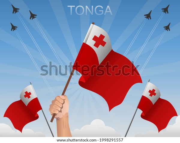 Tongan Flags Flying Under Blue Sky Stock Vector (Royalty Free ...