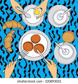Top View Eating People Breakfast Illustration Stock Vector (Royalty ...