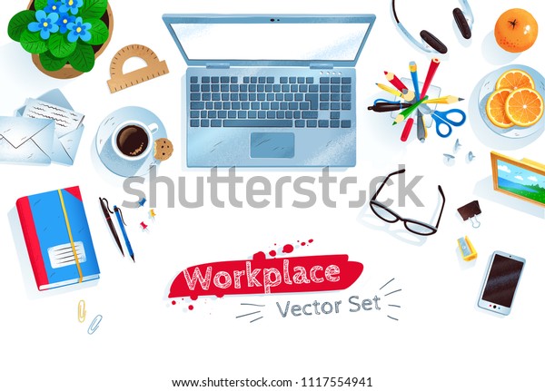 Top View Vector Illustration Set Office: เวกเตอร์สต็อก (ปลอดค่า ...