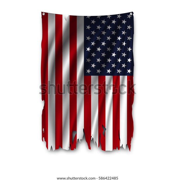 Torn by the wind national flag of USA. Ragged. The wavy fabric on white ...