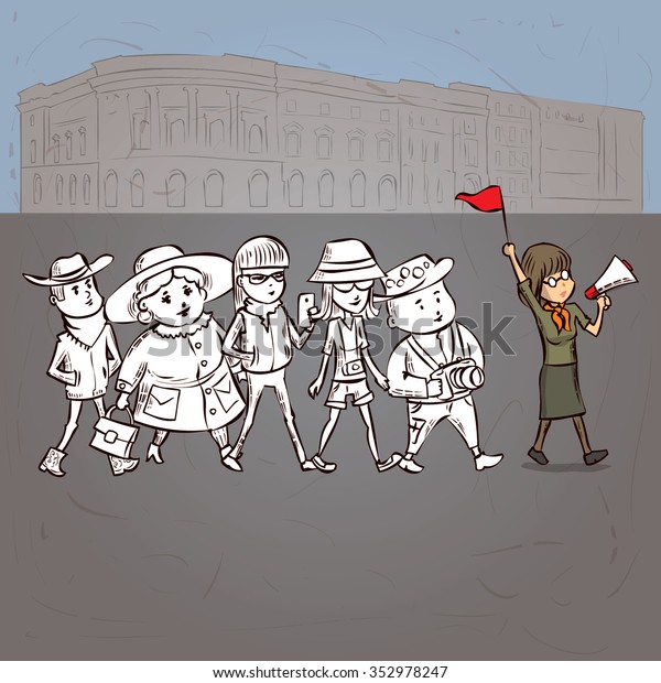 Tour Guide Group Turists Hand Drawn Stock Vector (Royalty Free ...
