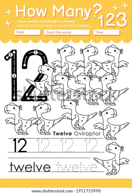 Trace Number 12 Worksheet Kindergarten Preshool Stock Vector (Royalty ...