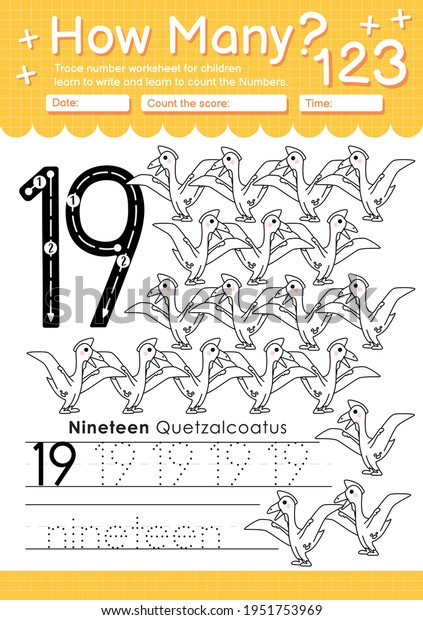Trace Number 19 Worksheet Kindergarten Preshool Stock Vector (Royalty ...