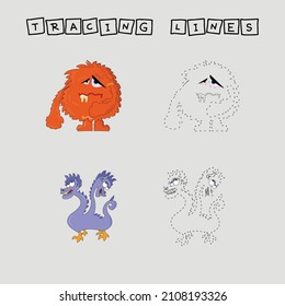 Tracing Lines Game Funny Monsters Worksheet Stock Vector (Royalty Free ...