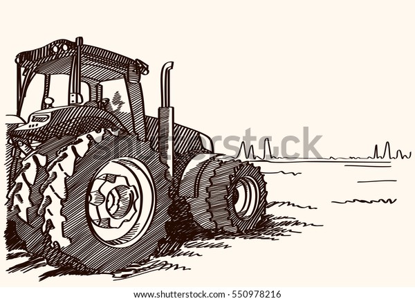 Tractor On Field Vector Freehand Linear: Vector có sẵn (miễn phí bản ...
