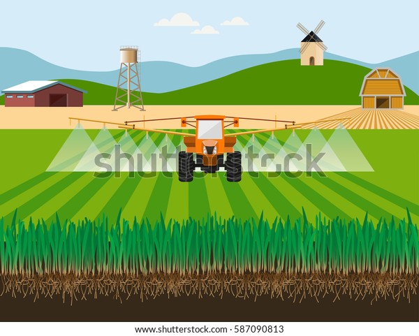 Tractor Watering Field Vector Illustration Stockvektor (royaltyfri ...