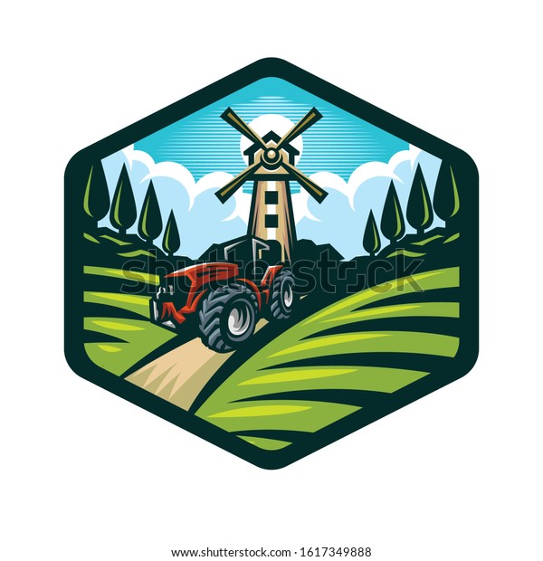 Tractor Windmill Farm Illustration Logo Template Stock Vector (Royalty ...