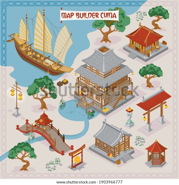 Traditional Chinese map builder illustrations of architecture building ...