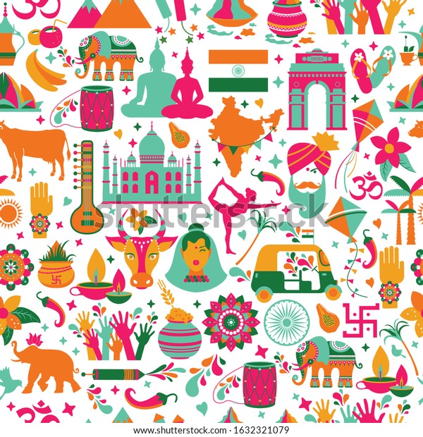 Traditional Symbols India Seamless Pattern On Stock Vector (Royalty ...